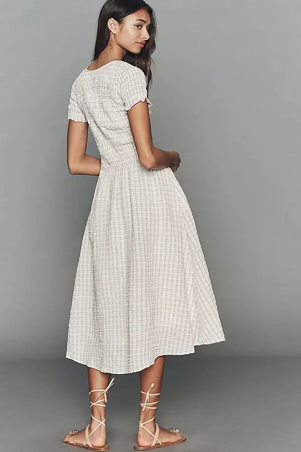short-sleeve smocked midi dress Floral Short Sleeve High Neck Smocked Midi Dress