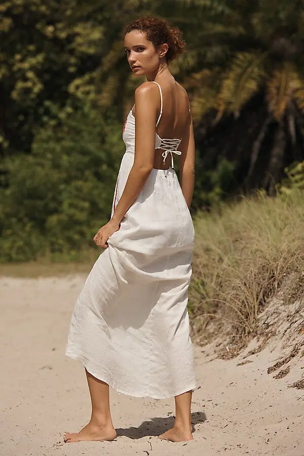 Maaji Palm Tree Embroidered Linen Maxi Dress - Beige | Editorialist