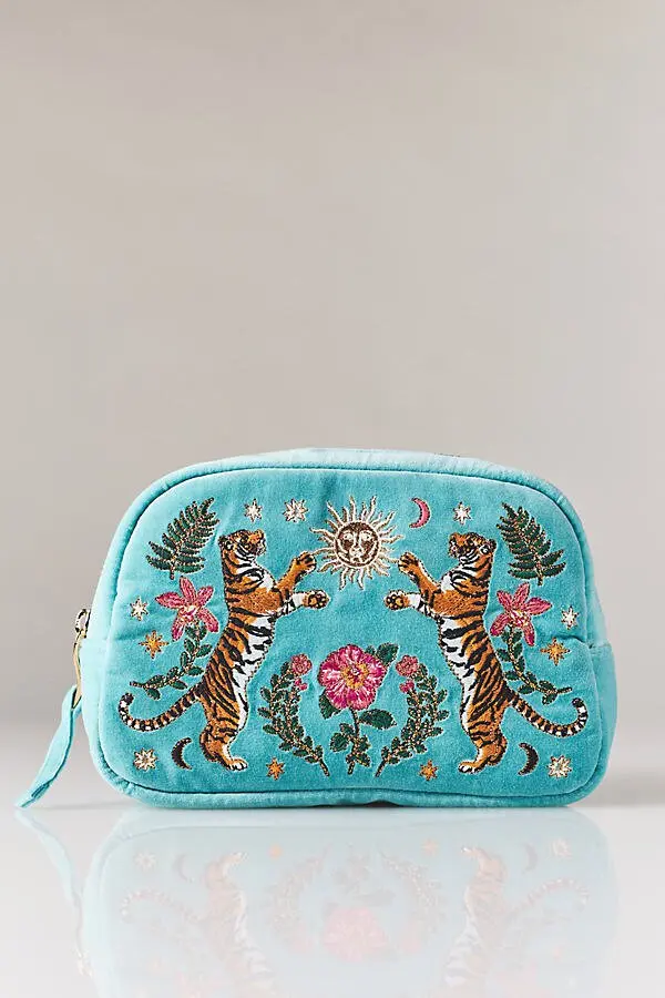 ELIZABETH SCARLETT Embroidered Velvet Makeup Bag - Celestial Tigers