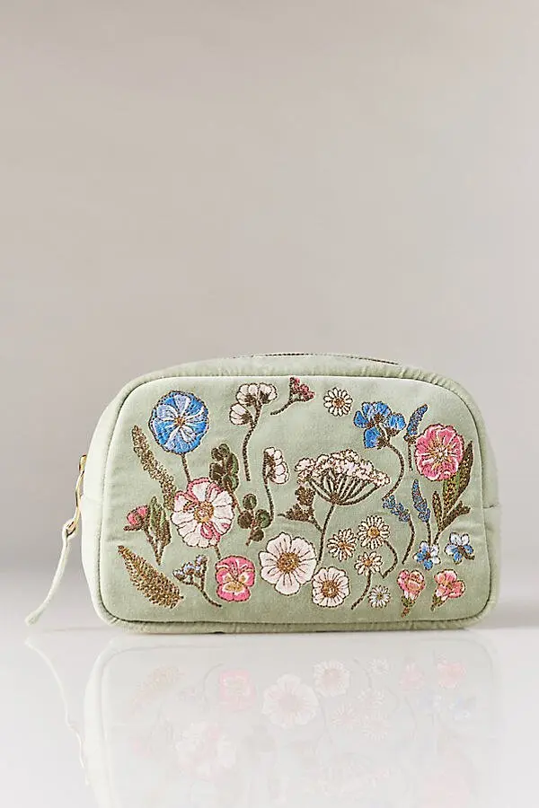 ELIZABETH SCARLETT Embroidered Velvet Makeup Bag - Pressed Flowers