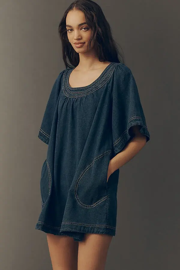 PILCRO Short-sleeve Denim Square Neck Dress - Dark Denim