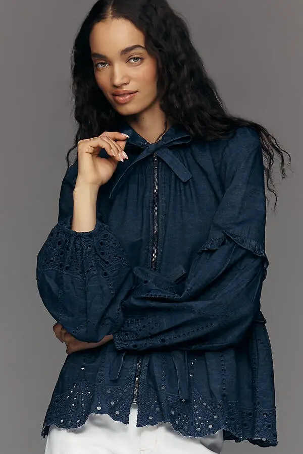 Maeve Embroidered Hooded Denim Jacket - Rinsed Denim
