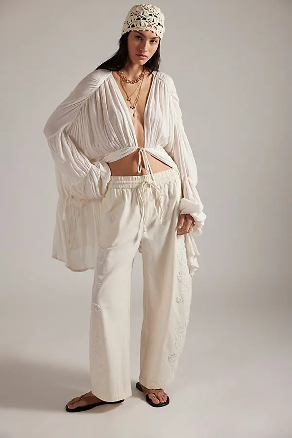 Free People Embroidered Pull-on Barrel Pants - White Ivory