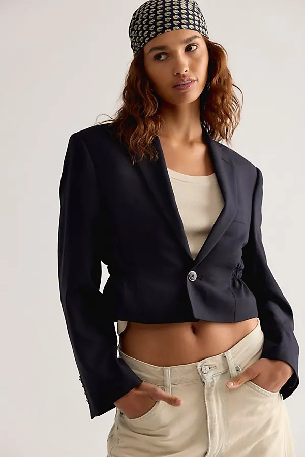 HAVRE STUDIO Cropped Pinstripe Blazer - Navy