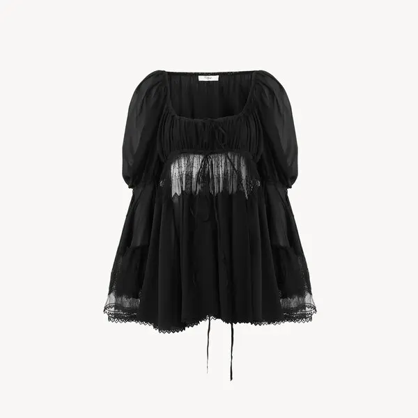Chloé Scoop-neck Puff-sleeve Georgette And Lace Top - Black