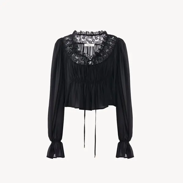 Chloé Cropped Georgette & Lace Top - Black