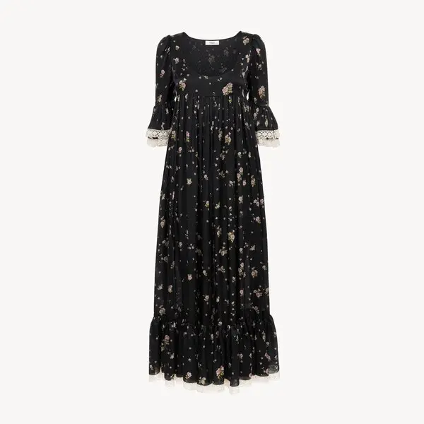 Chloé Scoop-neck Midi Dress With Lace Trims - Black