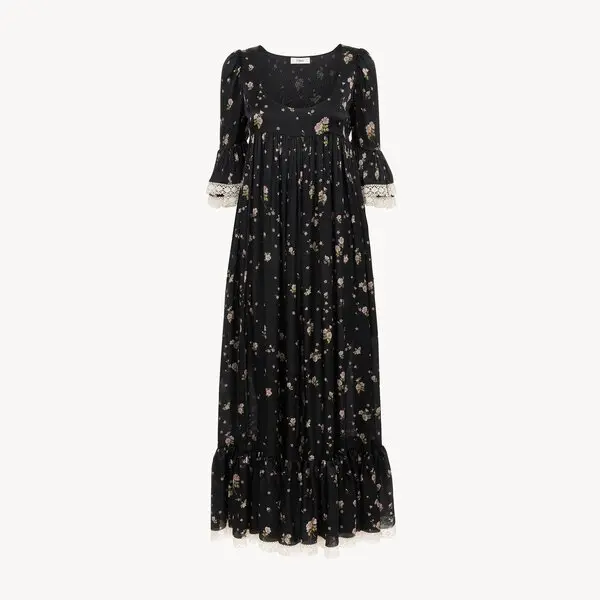 Chloé Scoop-neck Midi Dress With Lace Trims - Black