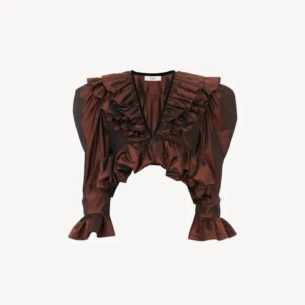Chloé Cropped V-neck Ruffle Top - Plain Brown