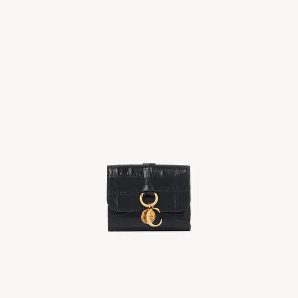 Chloé Small Alphabet Tri-fold In Croco-effect Leather - Black
