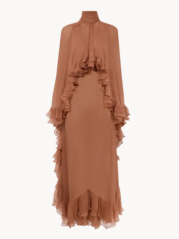 Chloé Mousseline Mock-neck Ruffle Dress - Nougat