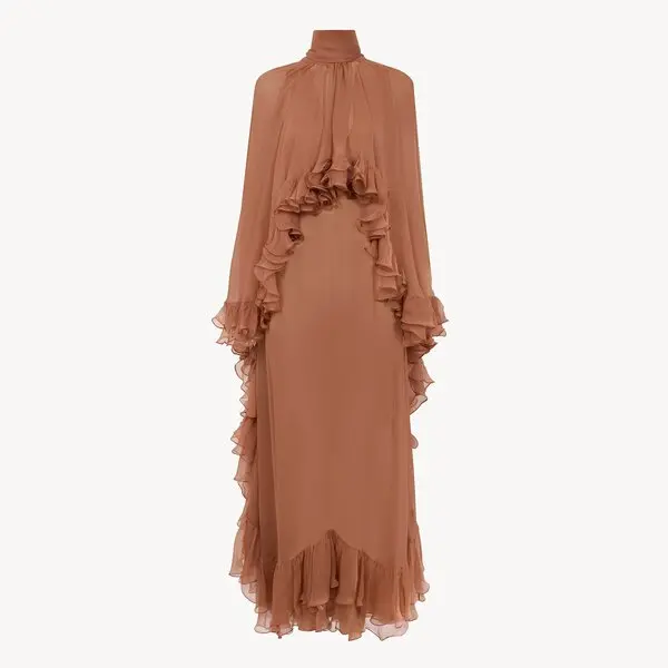 Chloé Mousseline Mock-neck Ruffle Dress - Nougat