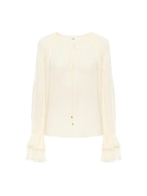 Chloé Gathered V-neck Top - Pristine White