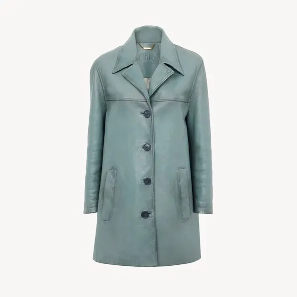 Chloé Leather Single-breasted Long Jacket - Faded Blue