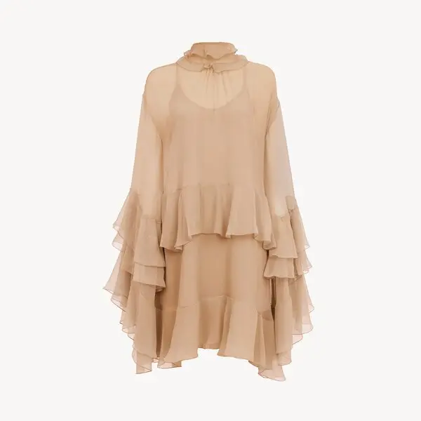 Chloé Mini Ruffled Mousseline Dress - Tender Peach