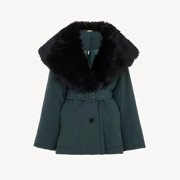 Chloé Short Coat With Faux Fur Collar - Dark Pine