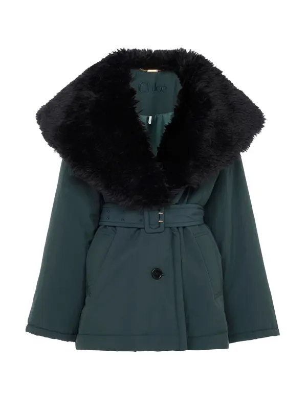 Chloé Short Coat With Faux Fur Collar - Dark Pine
