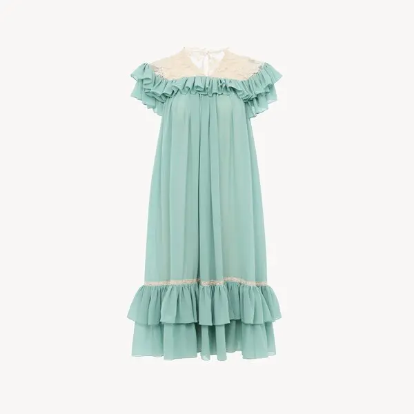Chloé Short-sleeve Mini Dress With Lace - Blurred Green