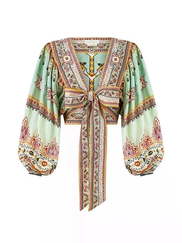 Camilla Blouson Sleeve Tie Front Top - Green