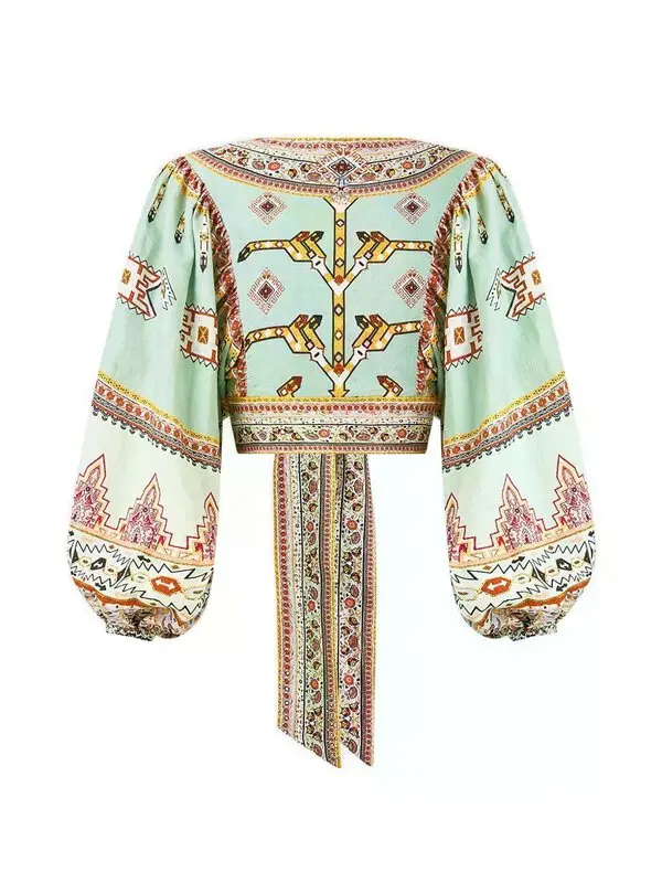 Camilla Blouson Sleeve Tie Front Top - Green