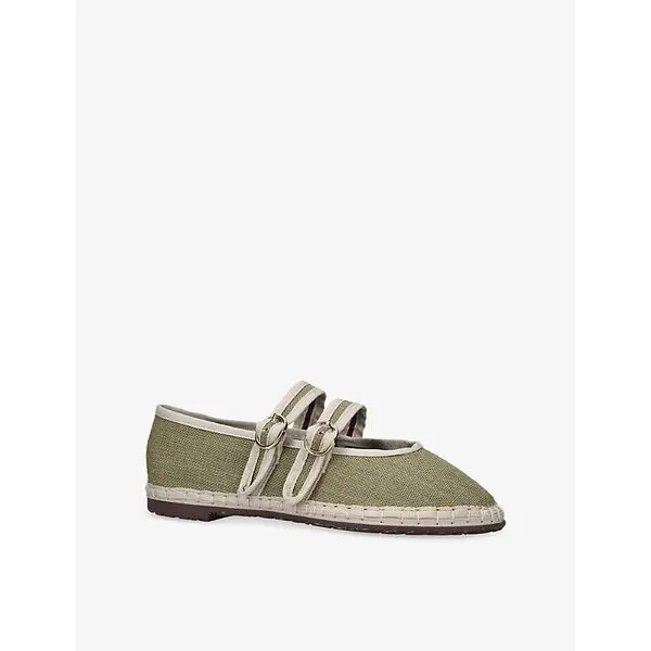 FLABELUS Claire Linen Mary Jane Flats - Green Comb