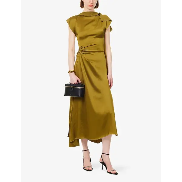 Victoria Beckham Sleeveless Draped Satin Midi Dress - Moss