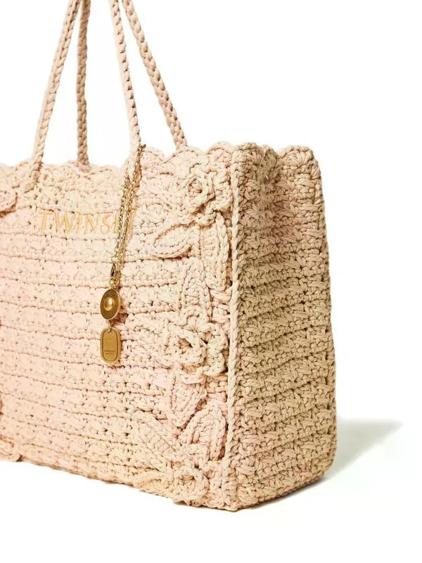 TWINSET Floral Appliqué Crochet Tote Bag