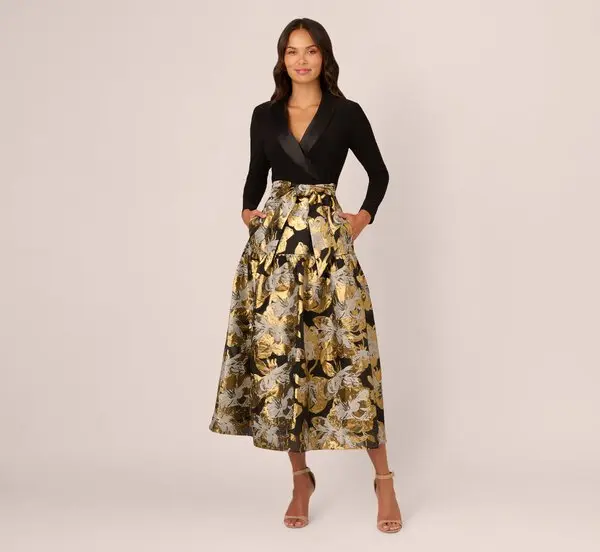 Adrianna Papell Combo Floral Jacquard Dress In Black Gold - Black/gold