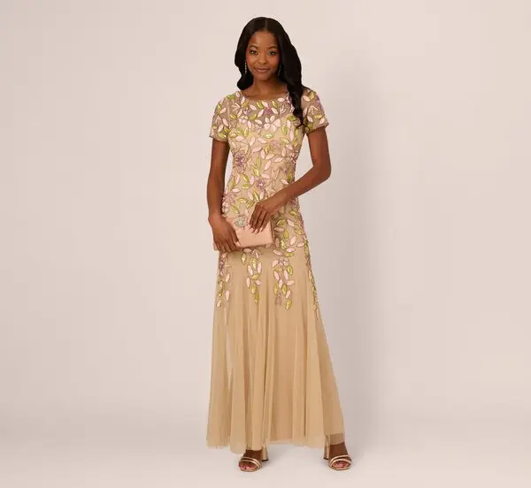 Adrianna Papell Short Sleeve Vine Beaded Godet Gown - Nude Multi
