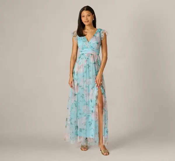 Adrianna Papell Floral Print Tulle Maxi Dress With Flutter Sleeves - Blue Multi