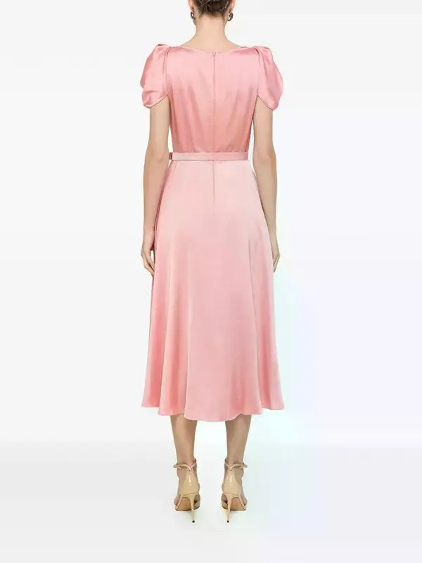 NISSA Belted Midi Dress With Puff Sleeves - Pink