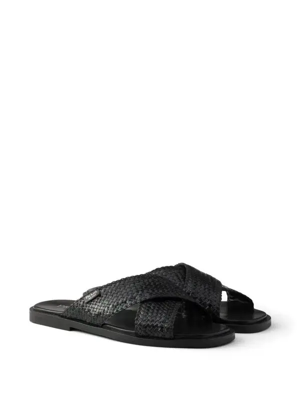 Prada Woven Leather Crisscross Slides - Black