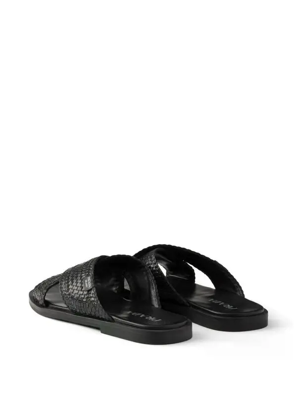 Prada Woven Leather Crisscross Slides - Black