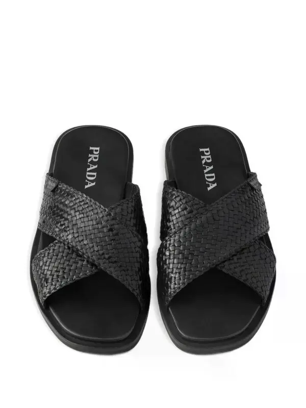 Prada Woven Leather Crisscross Slides - Black