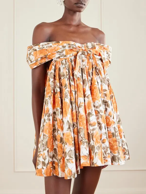 Chloé Off-the-shoulder Floral-print Mini Dress - Orange