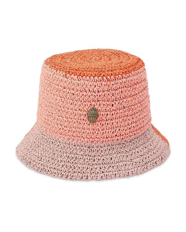 Kurt Geiger Colorblock Raffia Bucket Hat - Coral Glow