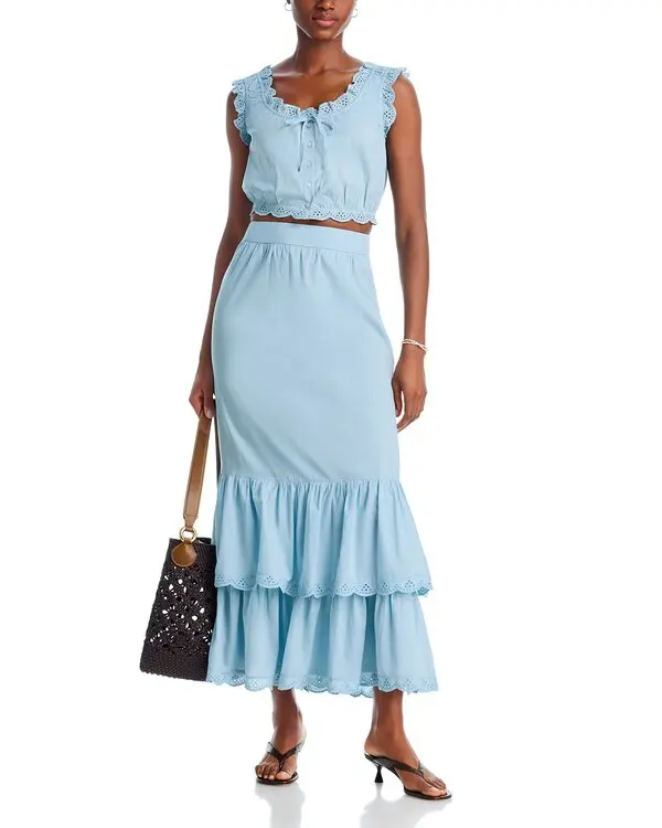 Aqua Eyelet Trim Midi Skirt