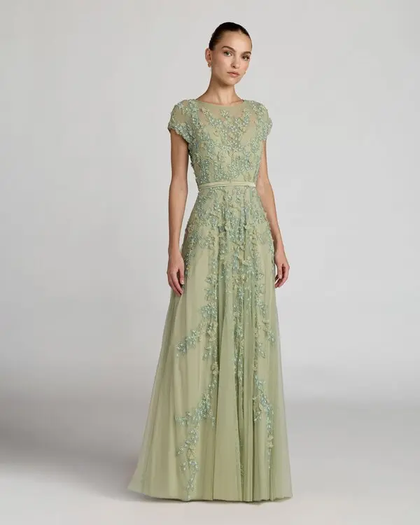 Mac Duggal Floral Embellished Cap Sleeve Gown - Green