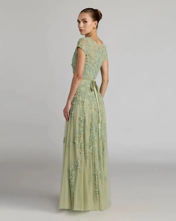Mac Duggal Floral Embellished Cap Sleeve Gown - Green