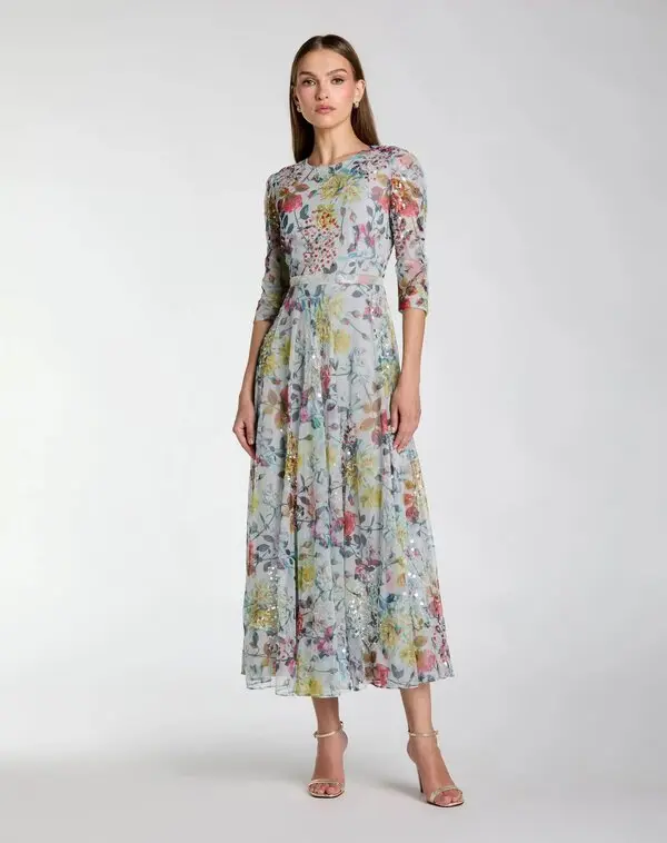 Mac Duggal Floral Midi Dress With 3/4 Sleeves