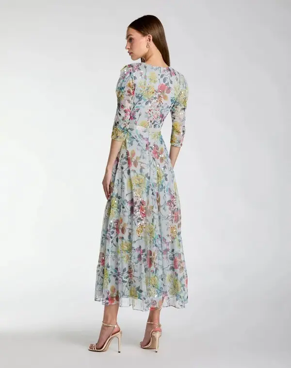 Mac Duggal Floral Midi Dress With 3/4 Sleeves