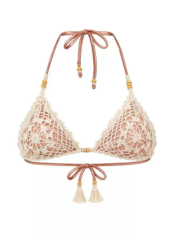 DEL MAAR Crochet Beaded Triangle Bikini Top - Neutrals