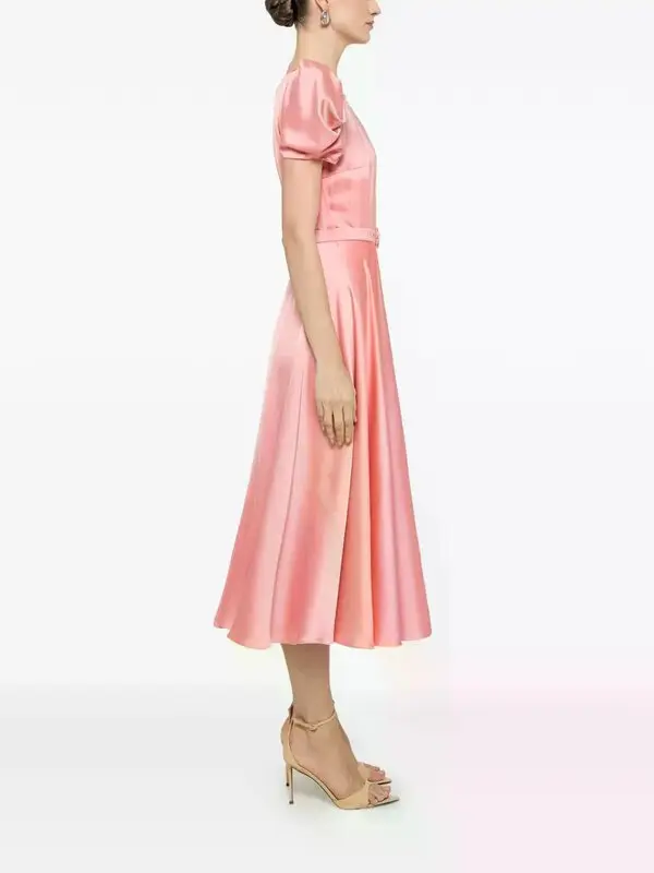 NISSA Belted Viscose Midi Dress With Volume Sleeves - Pink