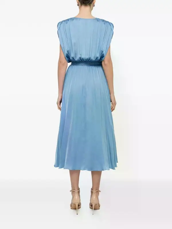 NISSA Belted V-neck Midi Dress - Blue
