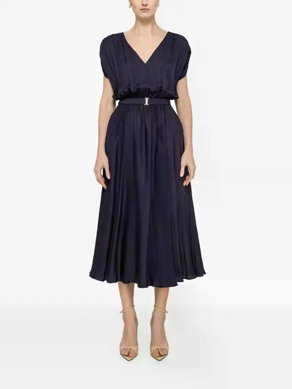 NISSA Belted V-neck Midi Dress - Blue