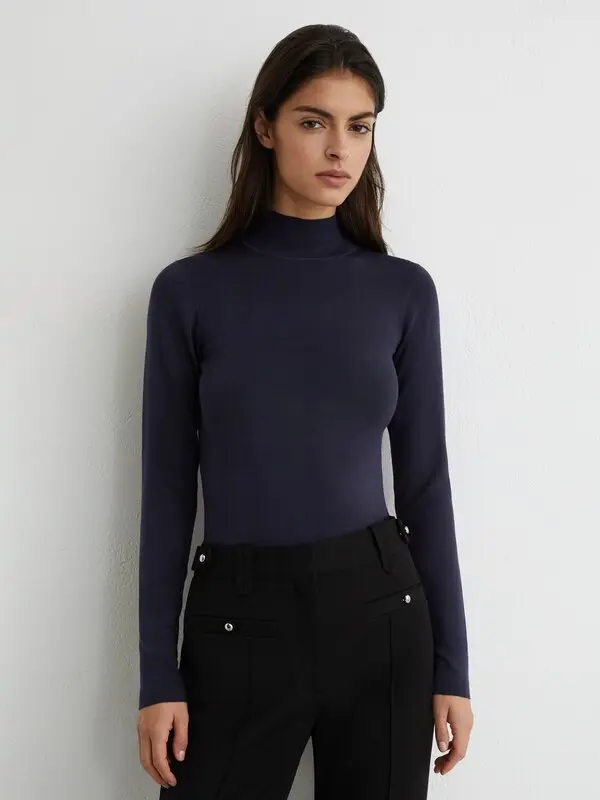 ATELIER Silk-blend Mock-neck Top - Navy