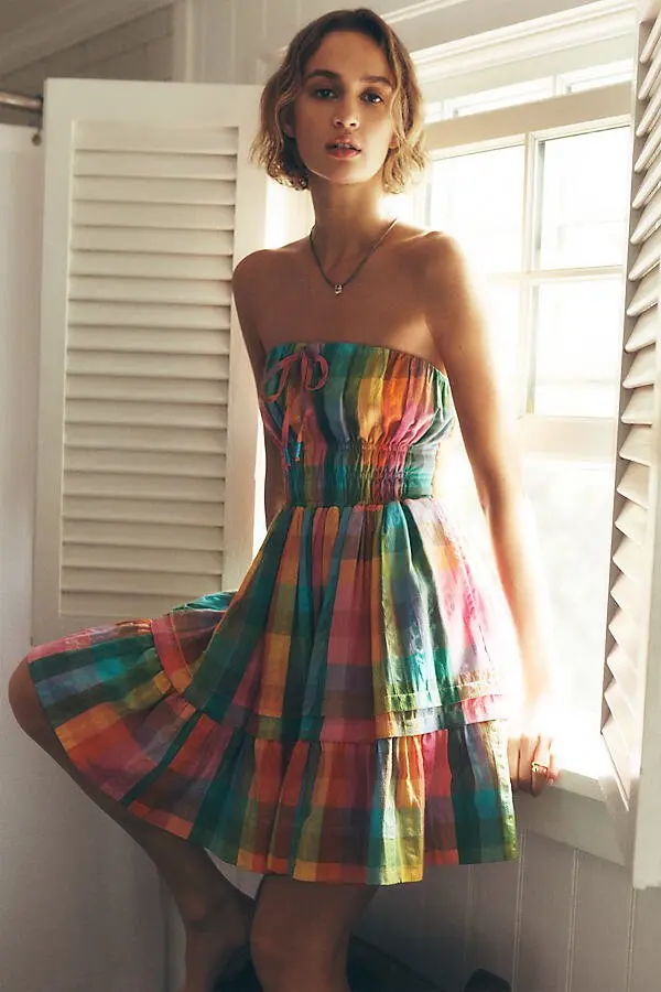THE SOMERSET COLLECTION BY ANTHROPOLOGIE Strapless Tiered Mini Dress - Colorful Gingham