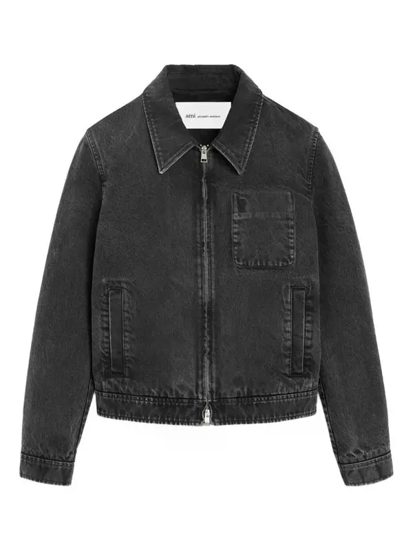 AMI Paris Denim Zipped Jacket With De Coeur Embroidery
