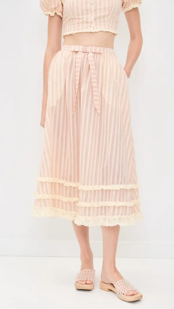 For Love & Lemons Naomi Midi Skirt With Lace Trim
