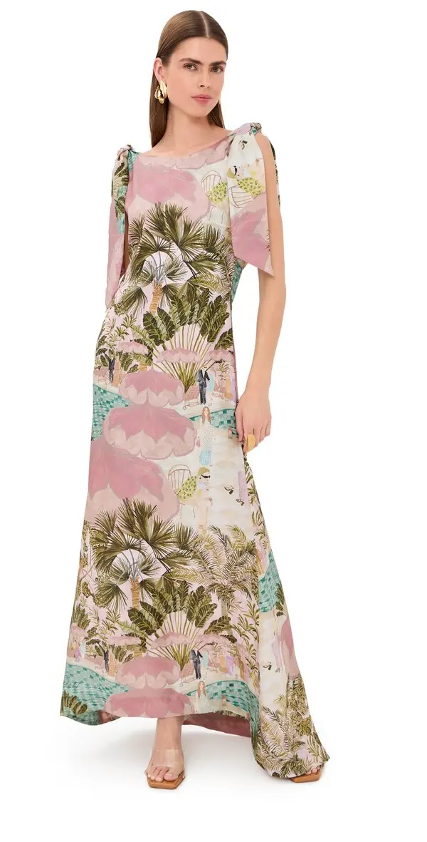 ISLA & WHITE Nelda Maxi Dress Tropical Print Silk